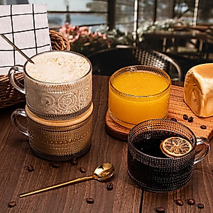 Bupto 4pcs Set Vintage Coffee Mug, Clear Patterned Glass With Handle, Bamboo Lid and Spoon -14 oz. Ideal for Latte, Milk, Overnight Oatmeal Yogurt Glass Teacups, Glassware Gifts(4 set)