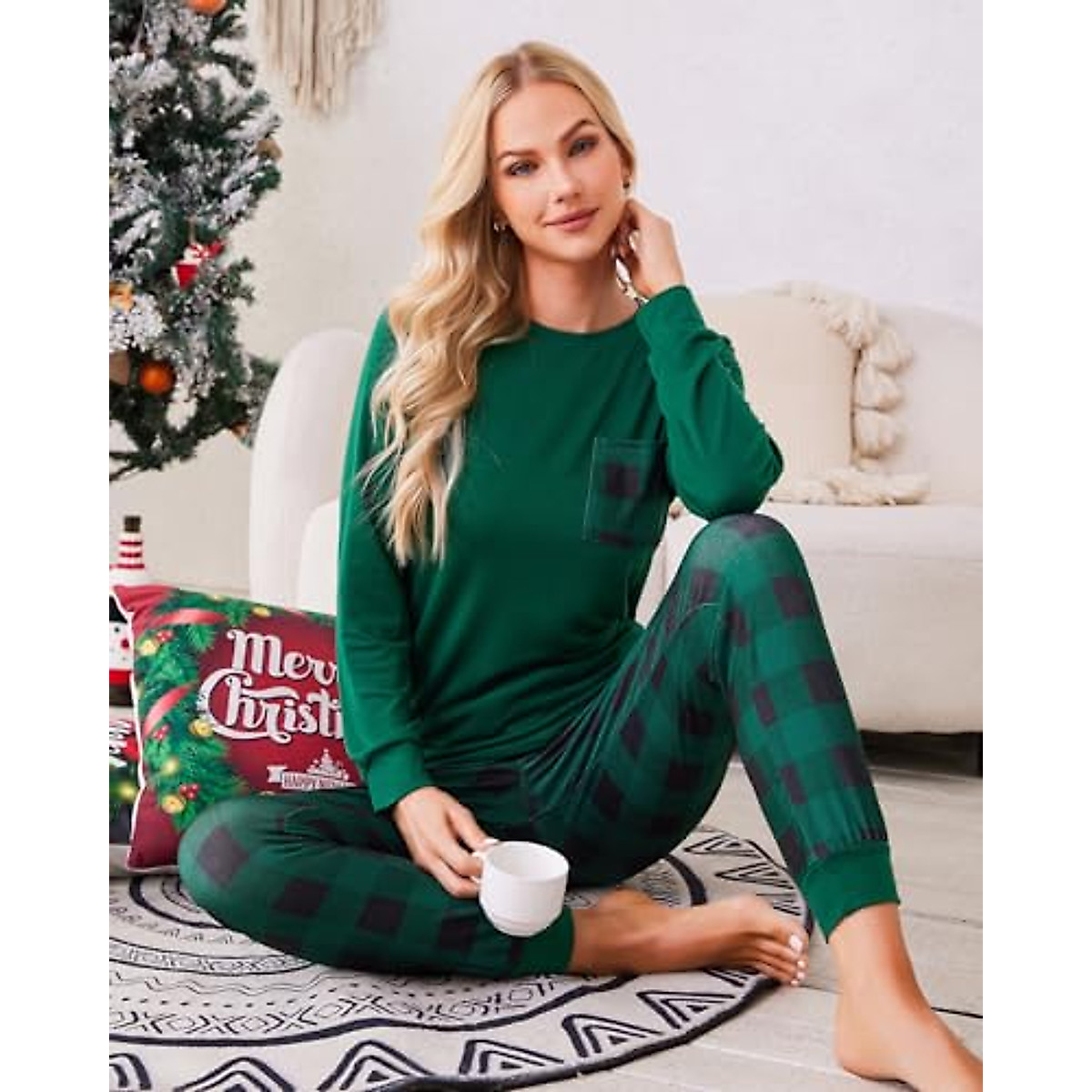 difficort Christmas Pajamas for Women Long Sleeve Shirt and Pajama Pants Soft Lounge Sets with Pockets, Dark Green, Medium