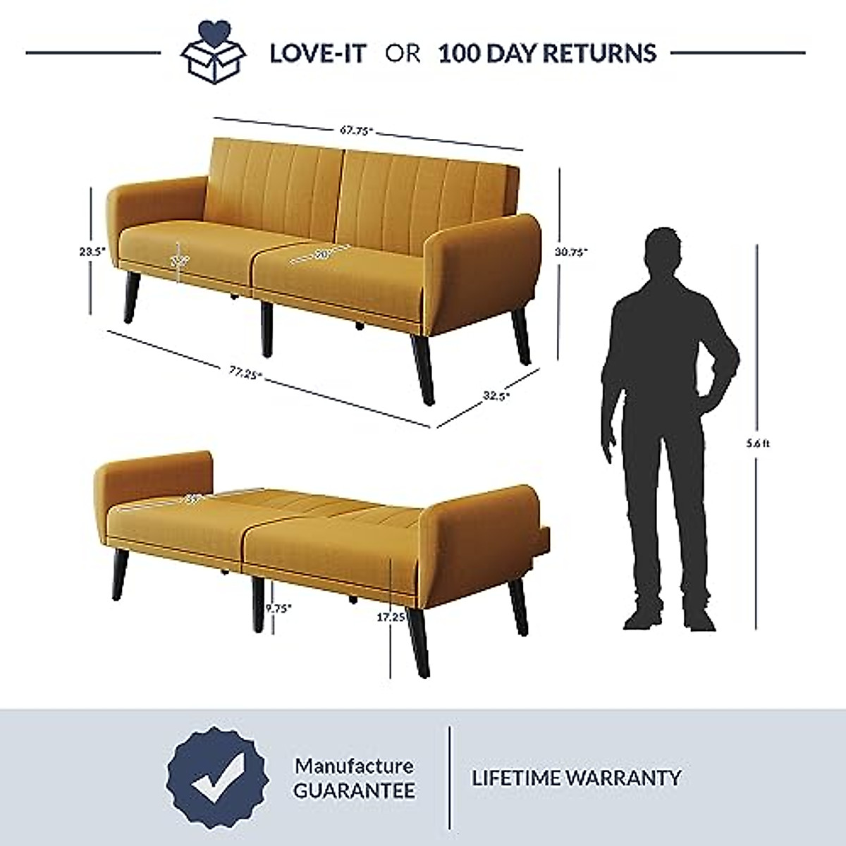 BELLEZE Convertible Sofa Bed, Modern Loveseat, Sleeper Sofa, Futon Couch for Living Room, Guest Room, Garage - Melrose (Yellow)