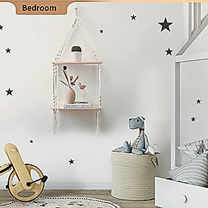 Easever Hanging Shelves for Wall, 2-Tier Macrame Shelf Wooden Floating Shelf Plant Hanger, Wall Hanging Boho Shelf Room Decor for Window, Bathroom, Bedroom, Apartment, Living Room