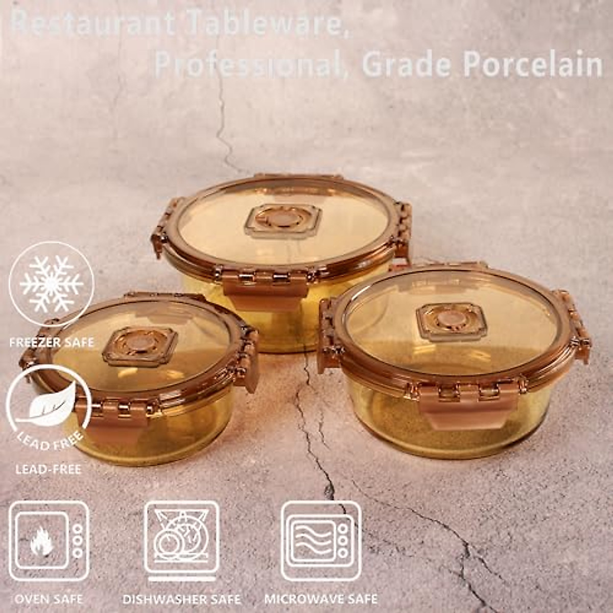 LIUYWYHCF Extra Large Glass Storage/Baking Containers with Lids (6 Pieces Total) Set of 3, Meal Prep Food Airtight and lunch Container, Microwave, Freezer and Dishwasher, Amber Round