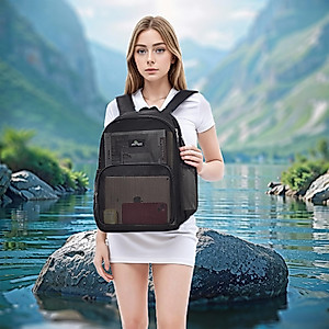 MAY TREE Heavy Duty Mesh Backpack, Semi-Transparent Mesh Backpack, See Through Mesh Backpack for Commuting, Swimming, Travel, Beach, Outdoor Sports (Black)