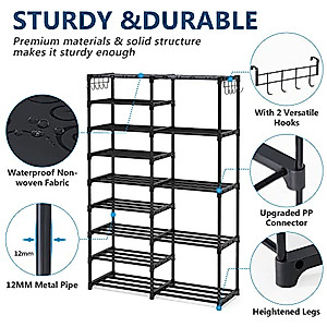 Tribesigns 9 Tiers Shoe Rack, 28-32 Pairs Large Separable Shoe Organzier 9-Tier +5-Tier Metal Boot Shelf with Side Hooks Shoe Tower Space Saving Shoe Storage Cabinet for Entryway Room Organization