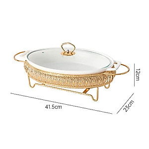 HONHPD 3 Piece Set Stainless Steel Oval Chafing Dish Buffet Set, Ceramic Marble Finish Chafer with Glass Lid, Chafer and Buffet Warmer Set for Buffet Weddings Parties Banquets, Golden