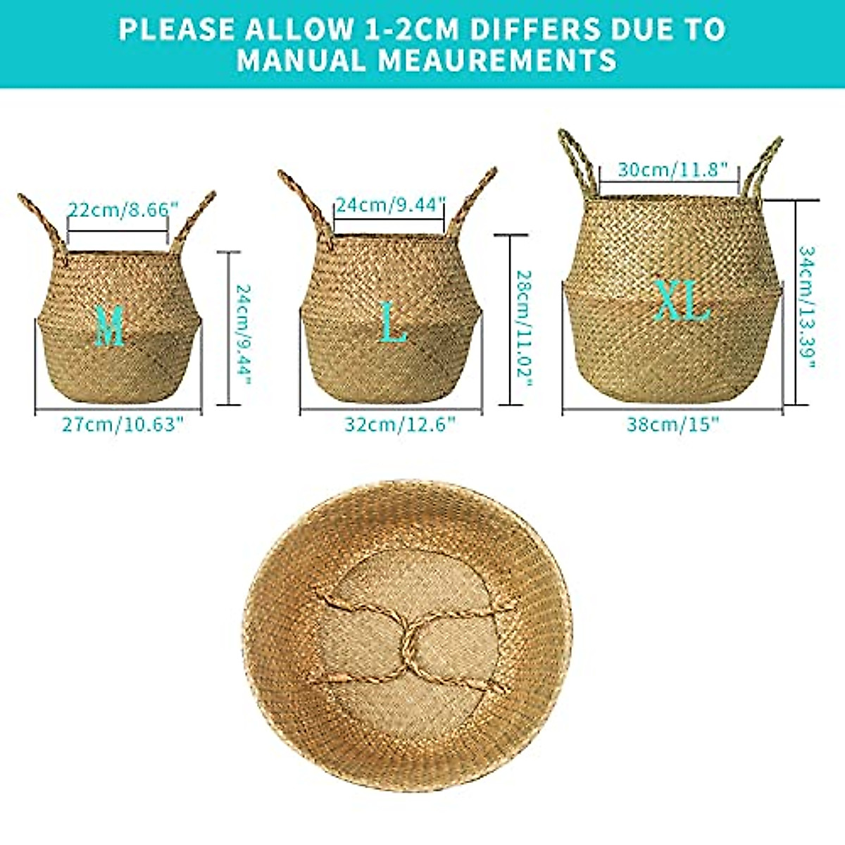 BrilliantJo Seagrass Belly Basket, Set of 2 Woven Plant Pot Holder handmade Home Decor for Storage Plants Picnic Grocery Medium(10.63 x 9.44 inch)