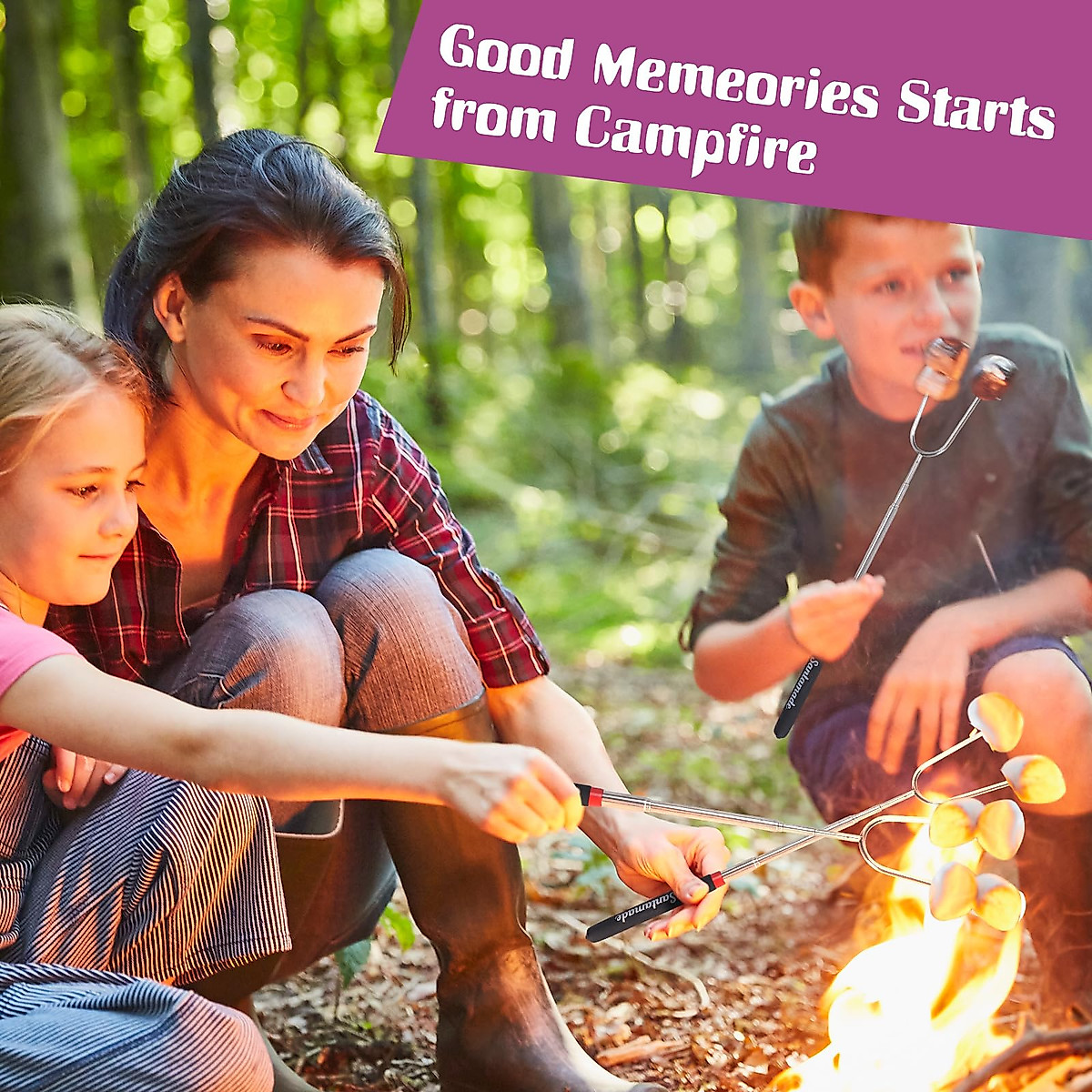 SANTAMADE Marshmallow Roasting Sticks Set of 5 -Telescoping Long Smores Sticks for Fire Pit, Hot Dog Sticks for Campfire Grill Bonfire Party Supplies -With Santa Storage Sack