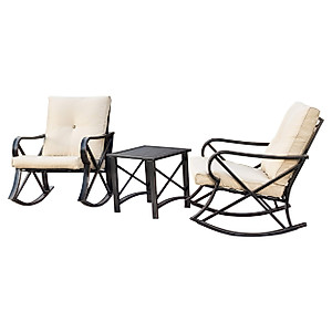 PatioFestival Rocking Chairs Bistro Set Metal Outdoor Furniture Conversation Set with Coffee Table&Thick Cushions for Backyard,Lawn,Porch,Poolside (3PCs, Khaki)
