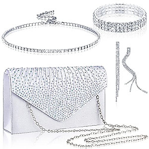 4 Pieces Women Rhinestone Jewelry Set Glitter Evening Clutch Bag Rhinestone Ear Clip Dangle Bridal Wedding Choker Bracelet Bling Envelope Handbag Purse for Party Wedding
