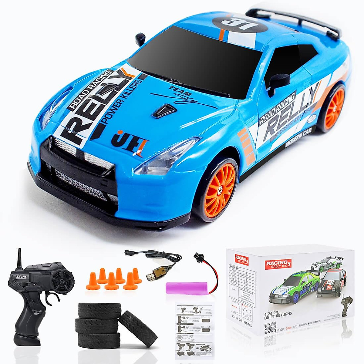 AGNEVE RC Drift Car 1:24 Scale RC Car with LED Lights Glow and Drifting Tires 2.4GHz Remote Control Car 4WD 14KM/h High-Speed RC Cars with 2 Rechargeable Batteries Boys Girls
