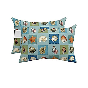 Recliner Head Pillow Ledge Loungers Chair Pillows with Insert Vintage Seashell Conch Starfish Patch Texture Lumbar Pillow with Adjustable Strap Outdoor Waterproof Patio Pillows for Beach Pool, 2 PCS