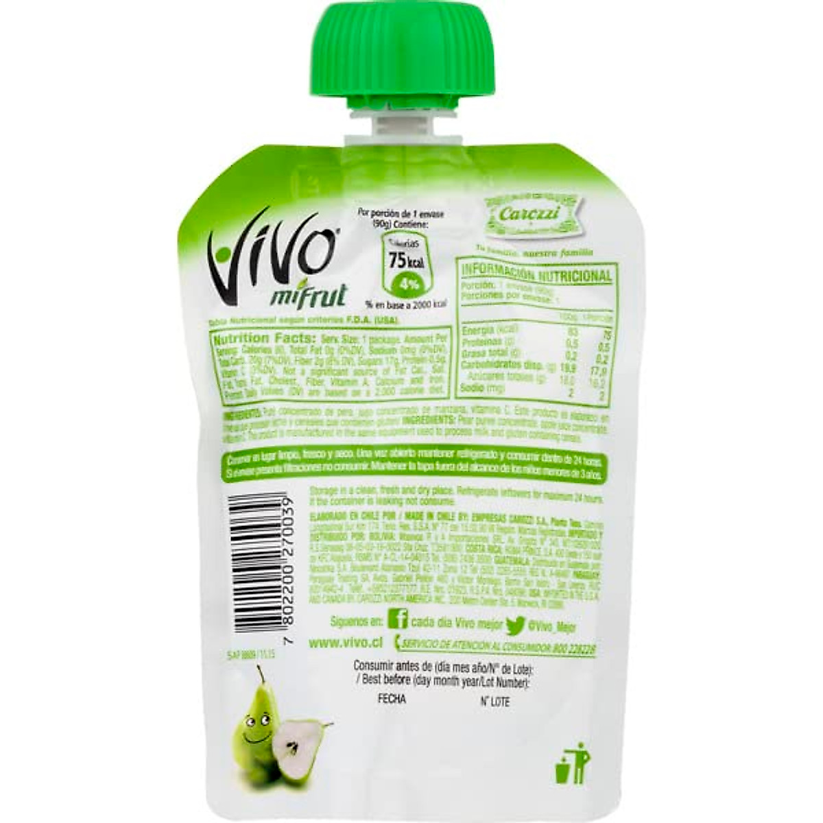 Vivo Mifrut Pear Puree Pouch / Compota de Pera - Convenient Fruit Pouches with Real Pear Puree for Snack Time or as Part of a Meal, Fruit Snack Pouch with Pear Puree, 1 Whole Fruit Portion Per Pouch (18-Pack)