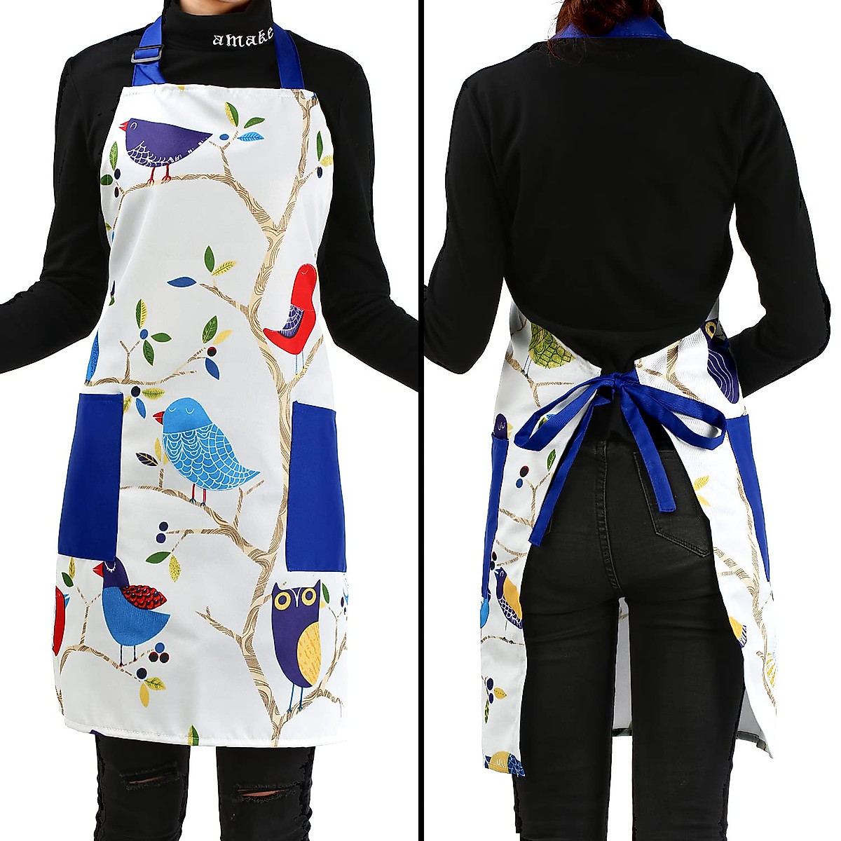 Love Potato Cute Cartoon Pattern Adjustable Kitchen Cooking Apron with 2 Pockets for Women and Men, Bird