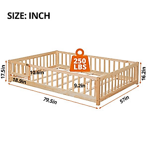 LLS Full Floor Bed for Children, Durable Montessori Floor Bed with Wood Slats, Safety Fence & Small Door, Wood Floor Bed Frame for Girls Boys and Children, Natural (with Bed Slats)