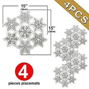 OWENIE Christmas Placemats Set of 4, Metallic Embroidered Cutwork Silver Snowflakes Round Placemats for Dinging Table, Luxury Holiday Tabletop Collections, Winter Table Mats (4pcs, 15 inches Round)