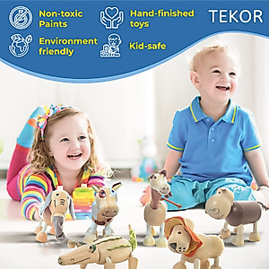 TEKOR Bendable Wooden Animal Toys, Set of 12 | Fun & Posable Farm & Jungle & Safari Animals for Toddlers | Preschool Montessori Toy, Smooth Natural Wood Animals for Girls Boys