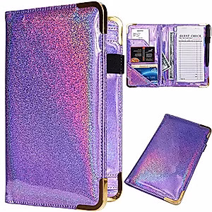Server Book - Waitress/Waiter Book Organizer with Zipper Pouch, Guest Check Book Holder Money Pocket Restaurant Waitstaff Organizer (Purple)