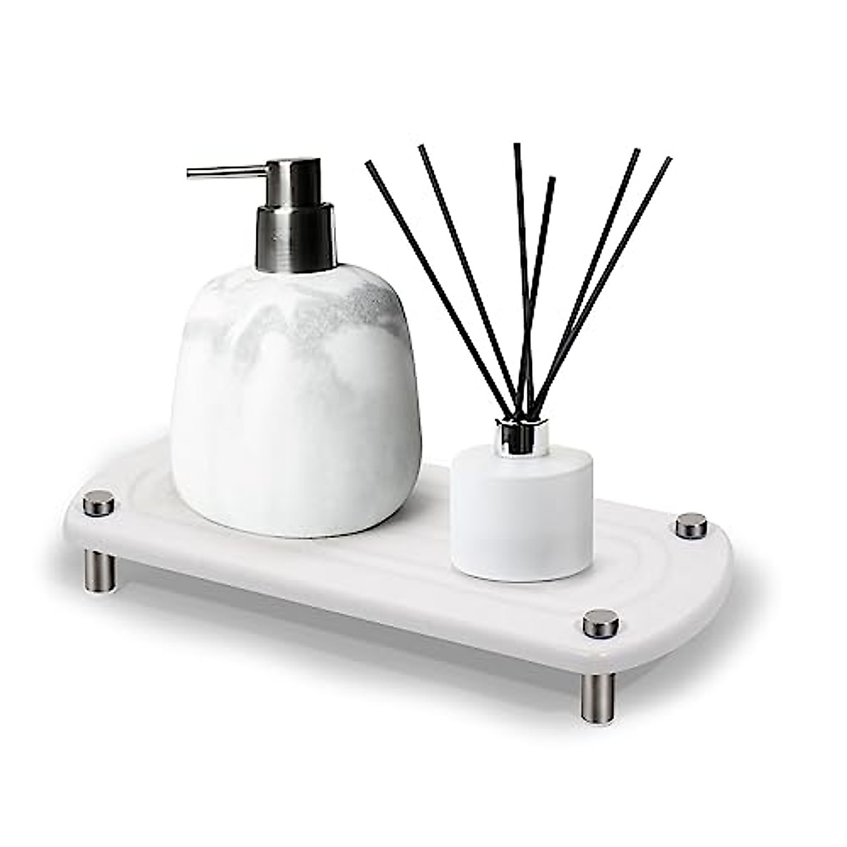 JAEZZIY Sink Caddy Instant Dry Bathroom Kitchen Sink Organizer, Sponge Holder for Kitchen Sink Diatomaceous Earth Water Absorbing Stone Sink Tray for Sponge, Soap Bottles, Toothbrush Cup, (White)