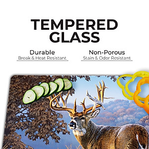Rivers Edge Products Large 12in x 16in Decorative Tempered Glass Cutting Board, Hypoallergenic, Non Slip, Textured Surface Chopping Board for Kitchen, White Tail Deer, Deer
