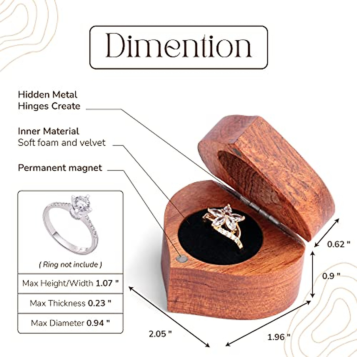 Ring Box Heart - Handmade Wooden Ring Box for Proposal, Rustic Vintage Ring Bearer Box, Wooden Ring Box Heart Shape Ring Box (Will You Marry Me - Heart)