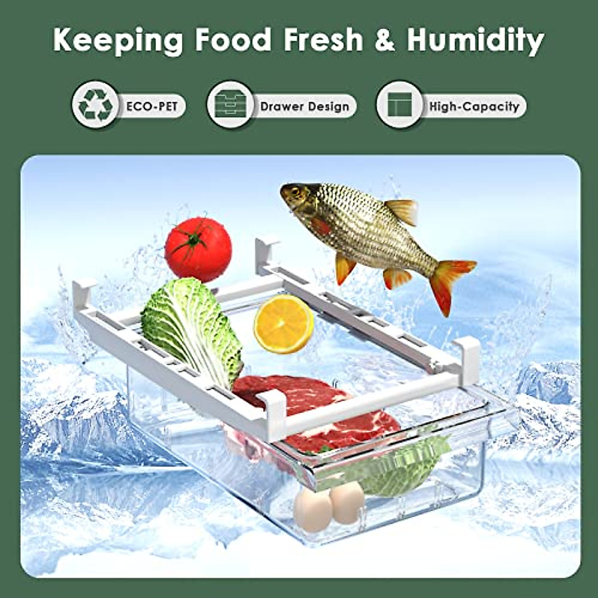 Yilingchild Fridge Drawer Organizer, Clear Refrigerator Organizer Bins with Handle, Pull-out Kitchen Fridge Storage Box for Egg Fruit Vegetable, Fit for Fridge Shelf Under 0.6" (1 Pack,No Dividers)