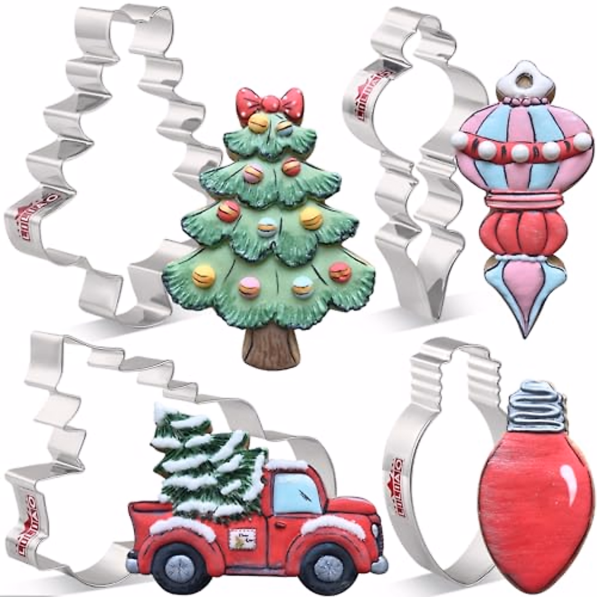 LILIAO Christmas Cookie Cutter Set, 4-pc, Pickup Truck with Christmas Tree, Christmas Tree, Light Bulb and Christmas Ornament Biscuit Fondant Cutters, Stainless Steel