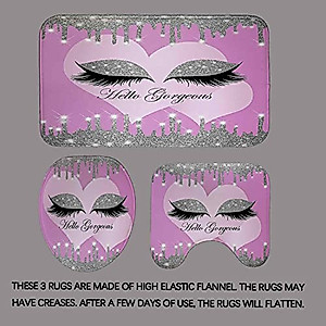 Dia Magico 4PCS Eyelash Shower Curtain Set, Hello Gorgeous Bling Silver Drips Glitter Eyeshadow Pink Heart Makeup Glam Modern Fashion Girl Bathroom Decor Fabric Purple Shower Curtain Non-slip Bath Mat