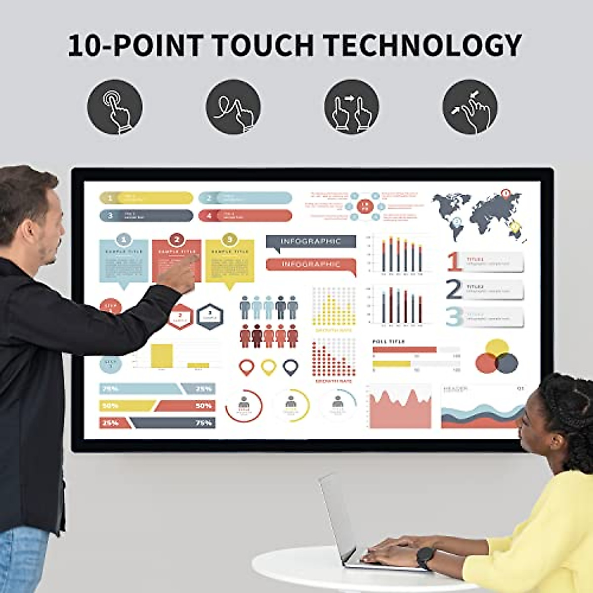 TouchWo 55 inch Interactive Touchscreen Monitor, Smart Board with 4K Display, Win-10 Electronic Whiteboard Touch Screen PC for Office and Classroom, Core i3 RAM 4G & ROM 128G