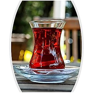 UMS Turkish Tea Glass Set - Slim Waist Design and Thick Sole Prevent Tea From Getting Cold, Easy to Keep for 6 People, 6 Saucers, 6 Glasses, Useful Tea Set (12 Pieces)