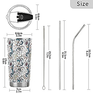 Retro Flower White Stainless Tumbler Insulated Coffee Cups with Lid and Straw Travel Mug for Hot and Cold Drinks 20oz