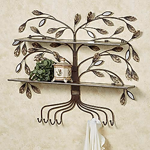 Touch of Class Marielle Tree Wall Shelf Brown - Metal - Decorative Display - Nature Designs - Floating Mounted Hanger with Hooks - Holder Organizer for Decor, Jacket, Towel, Mask - 29 Inches High