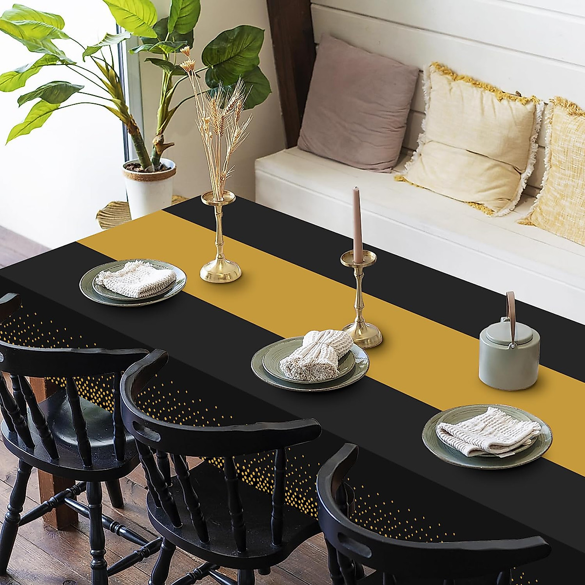 byojia 4 Pack 2in1 Disposable Plastic Tablecloths 54" x 108" Black and Gold Dot Kitchen Table Cloth Rectangle Table Cover for Wedding Birthday Baby Shower Anniversary Christmas Graduation