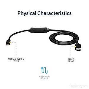 StarTech.com USB C to eSATA Cable - 3 ft / 1m - 5Gbp - for HDD/SSD/ODD - External Hard Drive Adapter - USB 3.0 to eSATA Converter (USB3C2ESAT3)