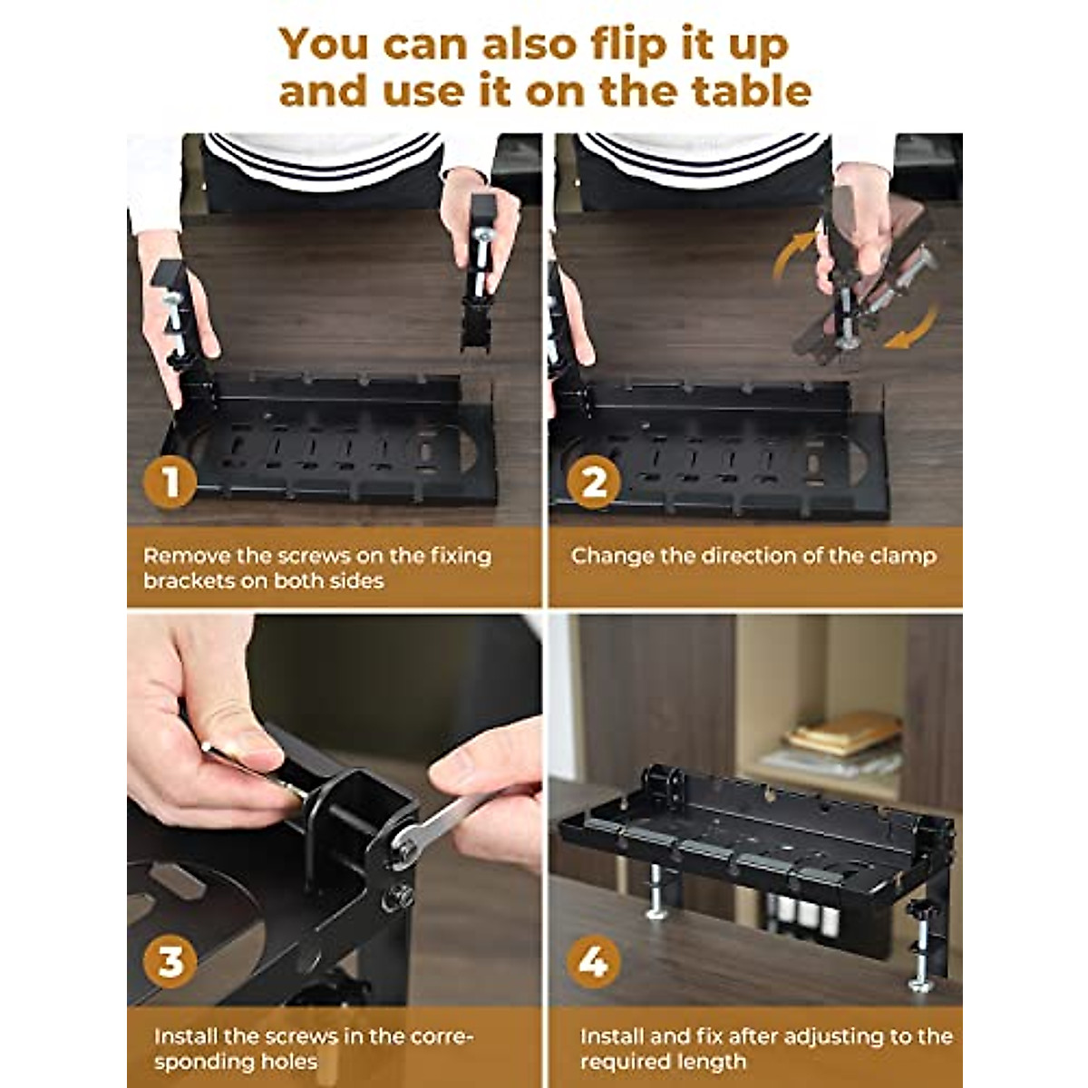 yamagahome Under Desk Cable Management Tray, 14"-21" Retractable Cord Organizer for Desk, No Drill Cable Tray Basket for Wire Management, Sturdy Metal Cable Management with Clamp for Home Office