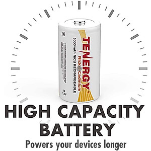 Tenergy D Size 5000mAh NiCd Button Top Rechargeable Batteries, 8 Pack