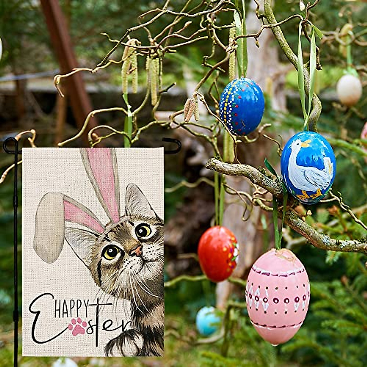 CROWNED BEAUTY Happy Easter Garden Flag 12×18 Inch Double Sided Cat with Rabbit Ear Outside Vertical Holiday Yard Flag