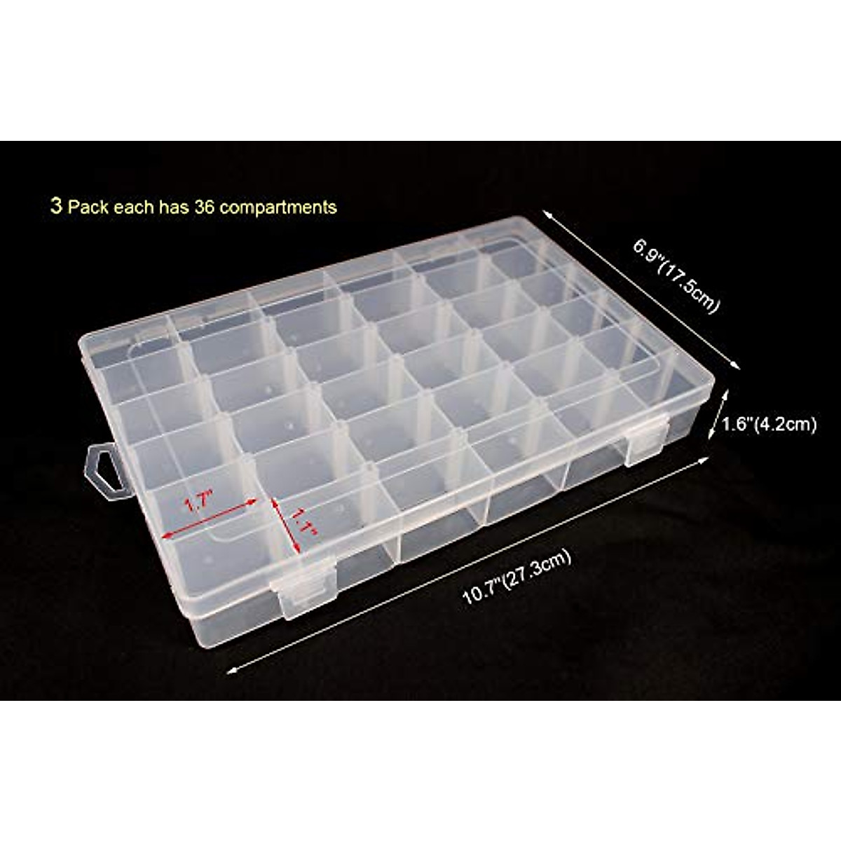 suituts 3 Pack 36 Grids Plastic Organizer Box with Adjustable Dividers, Clear Plastic Storage Organizer Box for Jewelry Beads, Letter Board, Rock Collection, Fishing Tackle (10.7X6.7X1.6 Inch)