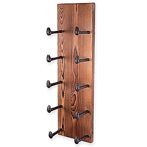 Rustic State Alicante Wall Mounted Reclaimed Wood Vertical Wine Rack Holder Shelf Organizer with Railroad Spike Cast Iron Hooks for 5 Bottles - Home, Kitchen, Dining Room Bar Décor - Walnut