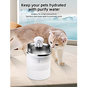 HABWES Cat Water Fountain with Stainless Steel Tray, Battery Operated Pet Drinking Fountain with 3 Filters, Motion Sensor Automatic Water Dispenser for Dogs Small Animals