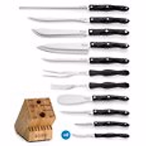 CUTCO Model 2018 Homemaker+8 Set Includes (8) #1759 Table Knives, (10) Kitchen Knives & Forks, 1748 Honey Oak knife block, 82 Sharpener, and #125 Medium Poly Prep cutting board