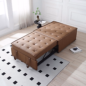 YuiHome Lazy 3 in 1 Multipurpose Faux Leather Ottoman, Convertible, Adjustable Single Sleeper Chair Sofa Bed for Living Room Apartment,Brown