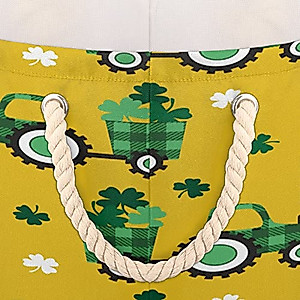 Checkered Tractor Clover Leaves St Patrick's Large Round Baskets for Storage Laundry Baskets with Handles Blanket Storage Basket for Bathroom Shelves Bins for Organizing Nursery Hamper Girl Boy