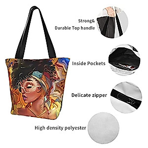 African American Woman Tote Bag Large Handbag Shoulder Bag for Girl Adults Work School Shopping with Zipper