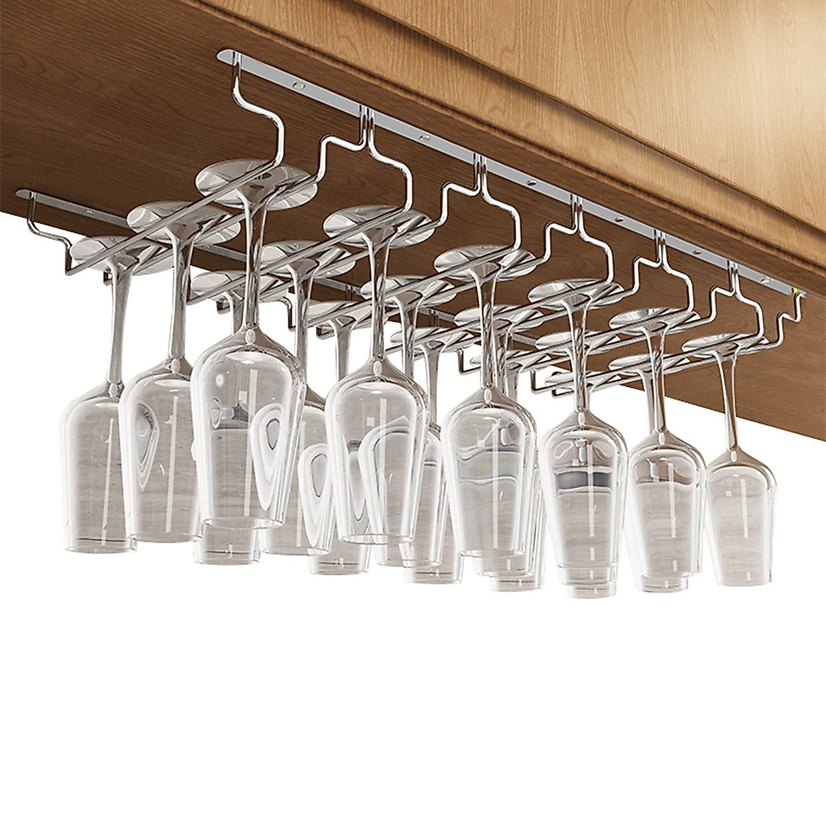 V3VOGUE Steel Under Cabinet Wine Glass Holder Rack, Stemware Holder, 3/4/5/6/7/8 Row Glasses Storage Hanger, Hanging Champagne Goblets Holders, with Screws (Row : 6Row, Size : Width: 28cm)