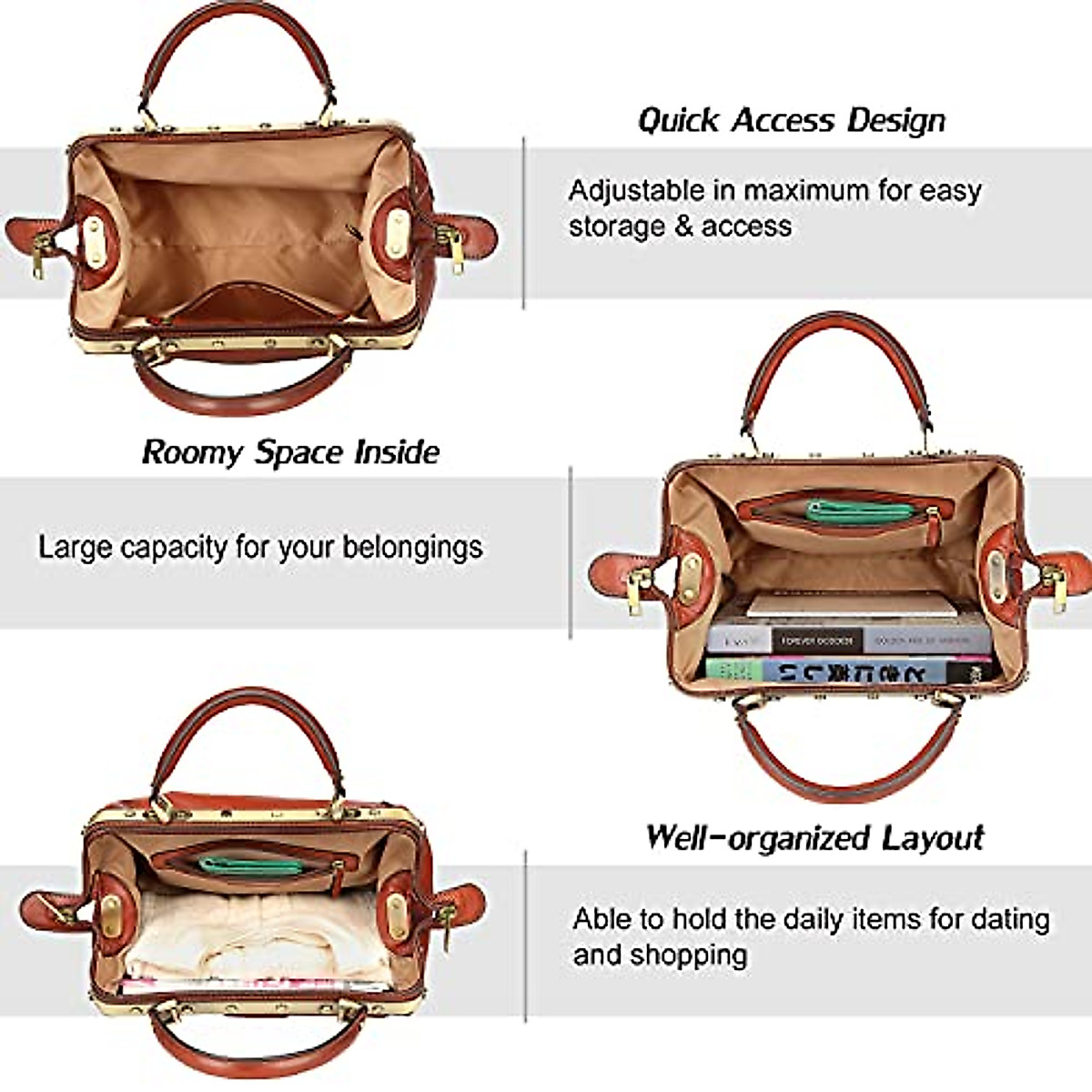 Banuce Fashion Full Grain Italian Leather Doctor Bag Purses and Handbags for Women Ladies Satchel