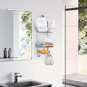 Dailyart Hanging Shower Caddy, Shower Head Caddy Hanging Storage Organizer over the Shower Head Aluminum Shampoo Holder with Extra Basket Hanging Shower Rack, Silver, 11.8" x 4.7" x 25"