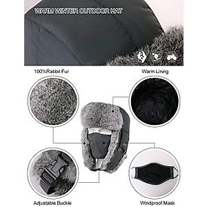 Comhats Winter Earflap Men Trooper Trapper Black Hat 100% Rabbit Fur Lined Russian Ushanka Medium/Large