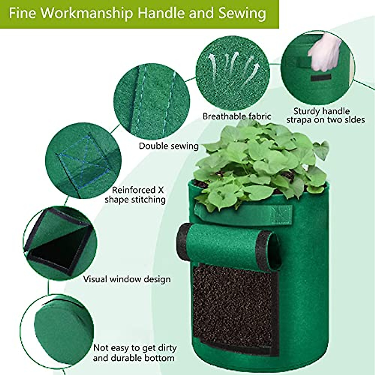 10 Gallon Grow Bags, 5Pack Potato Grow Bags with 2 Side Windows, Breathable Nonwoven Plant Bags with 2 Sturdy Handles, Garden Bags to Grow Vegetables Flower Fruit, Tomato Chili Onions Corn Etc (Green)