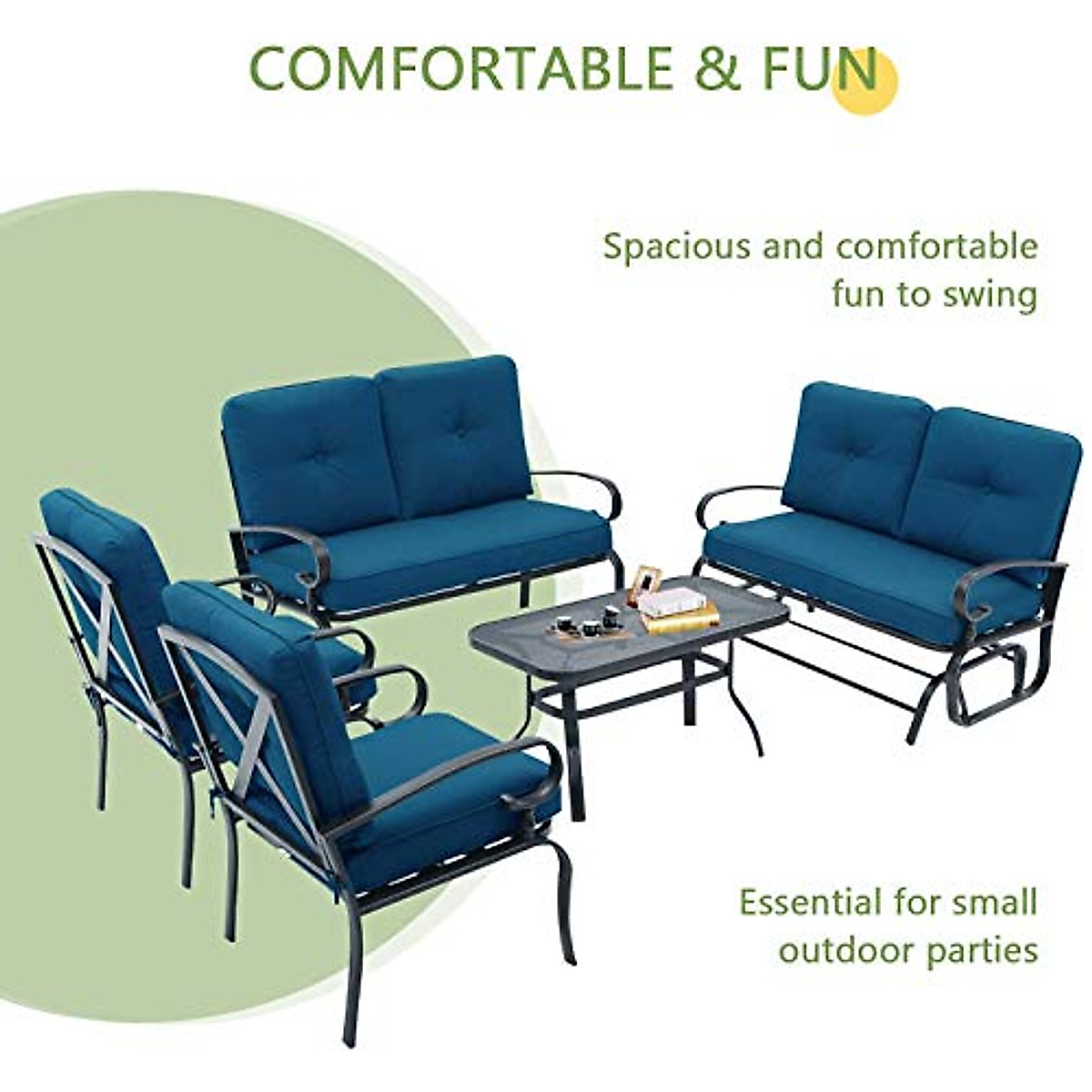 Patiomore 5 Pcs (6 Seats) Outdoor Patio Furniture Conversation Sets, Glider, Loveseat and Coffee Table, 2 Lounge Chairs with Cushions (Peacock Blue)
