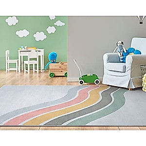Well Woven Kids Modern Rugs Curved Rainbow 5' x 7' Multi Color Printed Machine Washable Area Rug