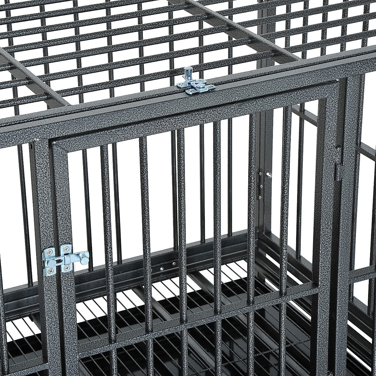 PawHut 43" Heavy Duty Dog Crate Metal Cage Kennel with Lockable Wheels, Double Door and Removable Tray, Gray